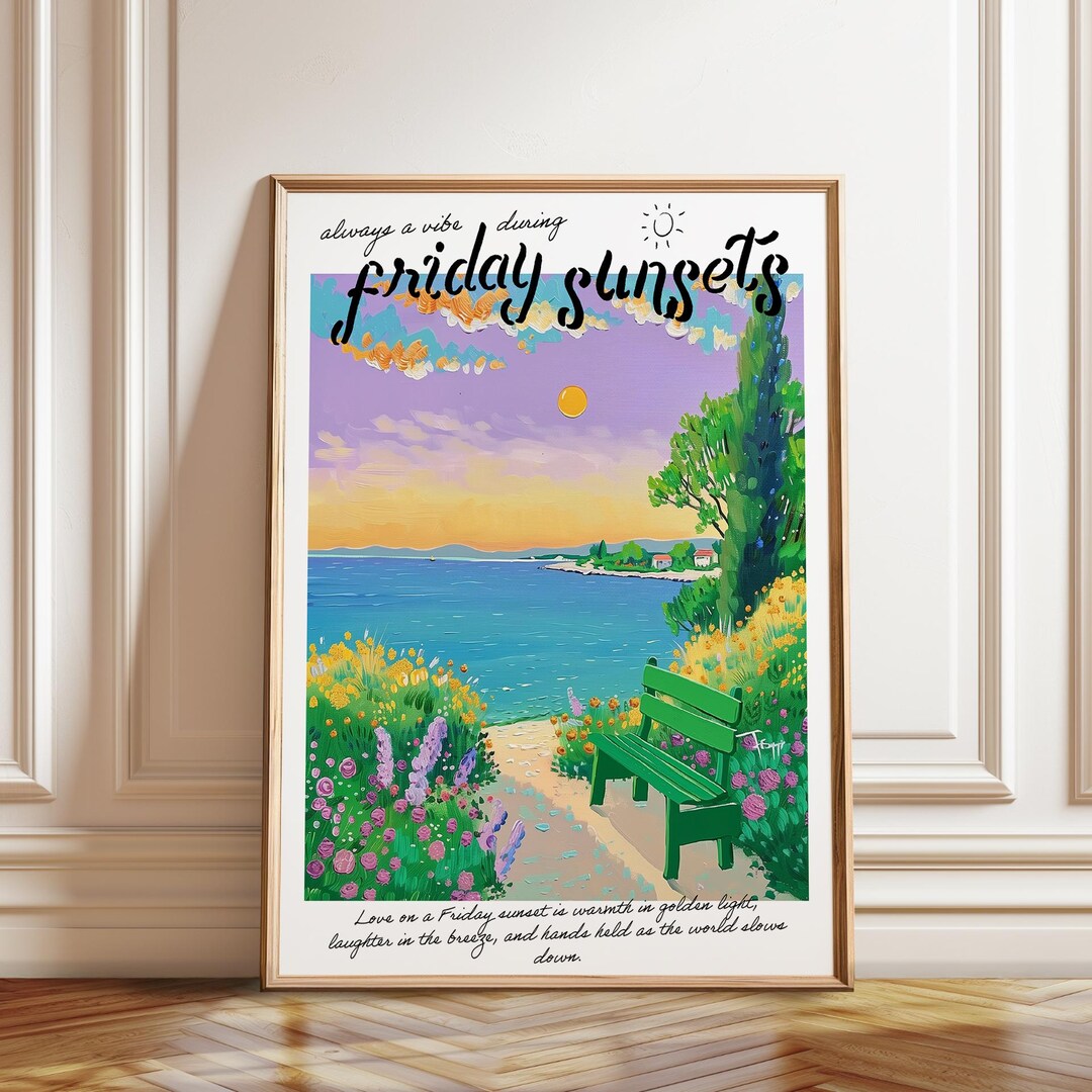 Friday Sunsets Coastal Landscape Art Print – Serene Seaside and Floral ...