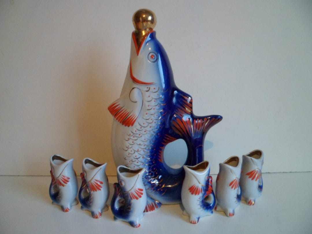 Soviet Porcelain Fish Drinking Set /cobalt Blue Decanter and 6 Shot ...