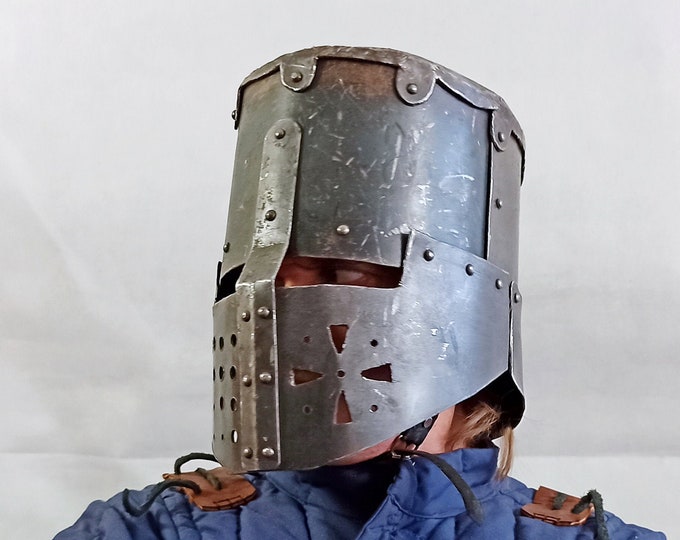 Great Helm, Steel Medieval Pot Helm, SCA Knights Black Bucket Helm for ...