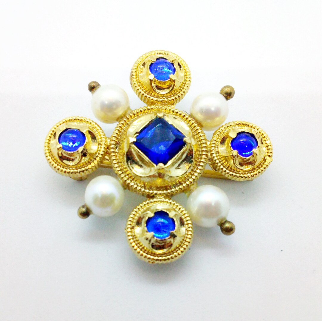 Medieval Brooch, Gilding Jewelry Replica With Pearls and Colored Glass ...