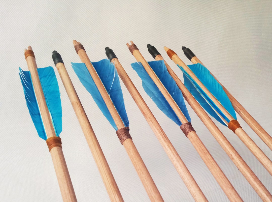 Traditional Archery Arrows, Set of Wooden Arrows With Blue Feathers ...