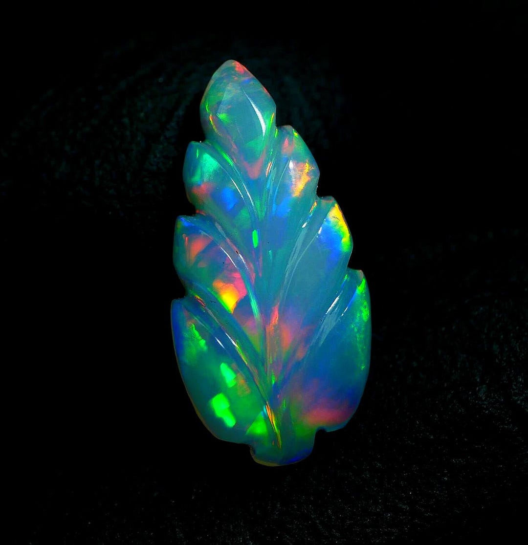 Ethiopian Opal Leaf Carving: Rainbow Fire Gemstone, 2.15 Carat, 17X8X3 ...