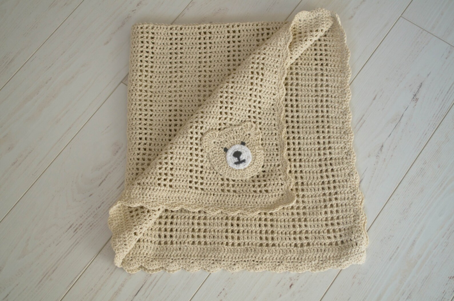 Beige Crochet Baby Blanket, Knit Baby Blanket, Bear Baby Blanket, Baby ...