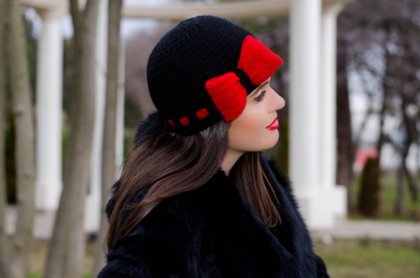 Black Crochet Bow Hat, Hat With Bow, Winter Hats for Women, Womens ...