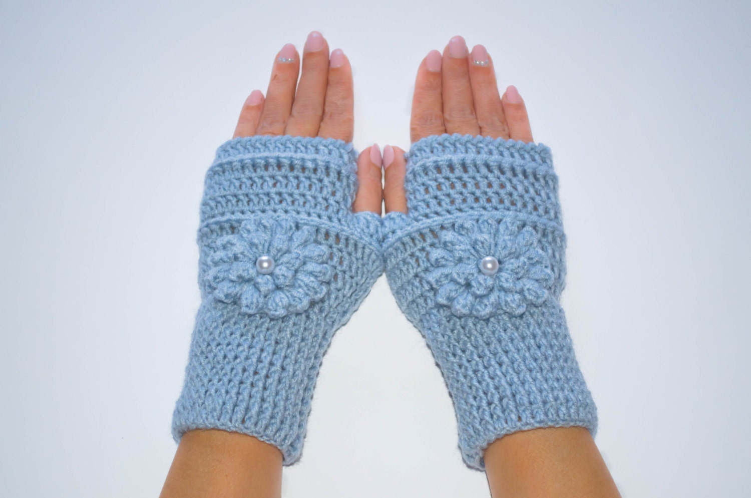 Light Blue Fingerless Gloves Womens Gloves Crochet - Etsy