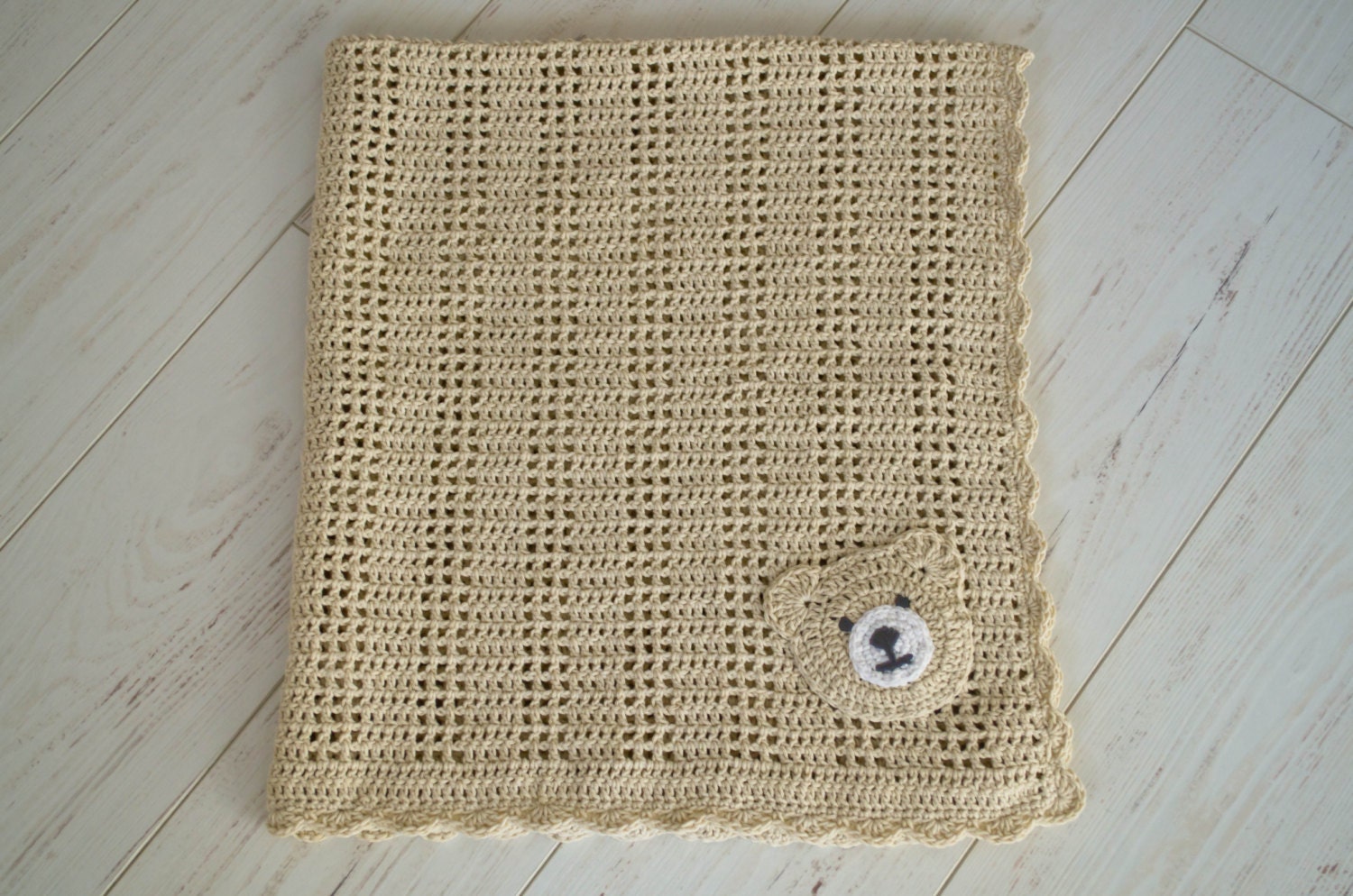 Beige Crochet Baby Blanket, Knit Baby Blanket, Bear Baby Blanket, Baby ...