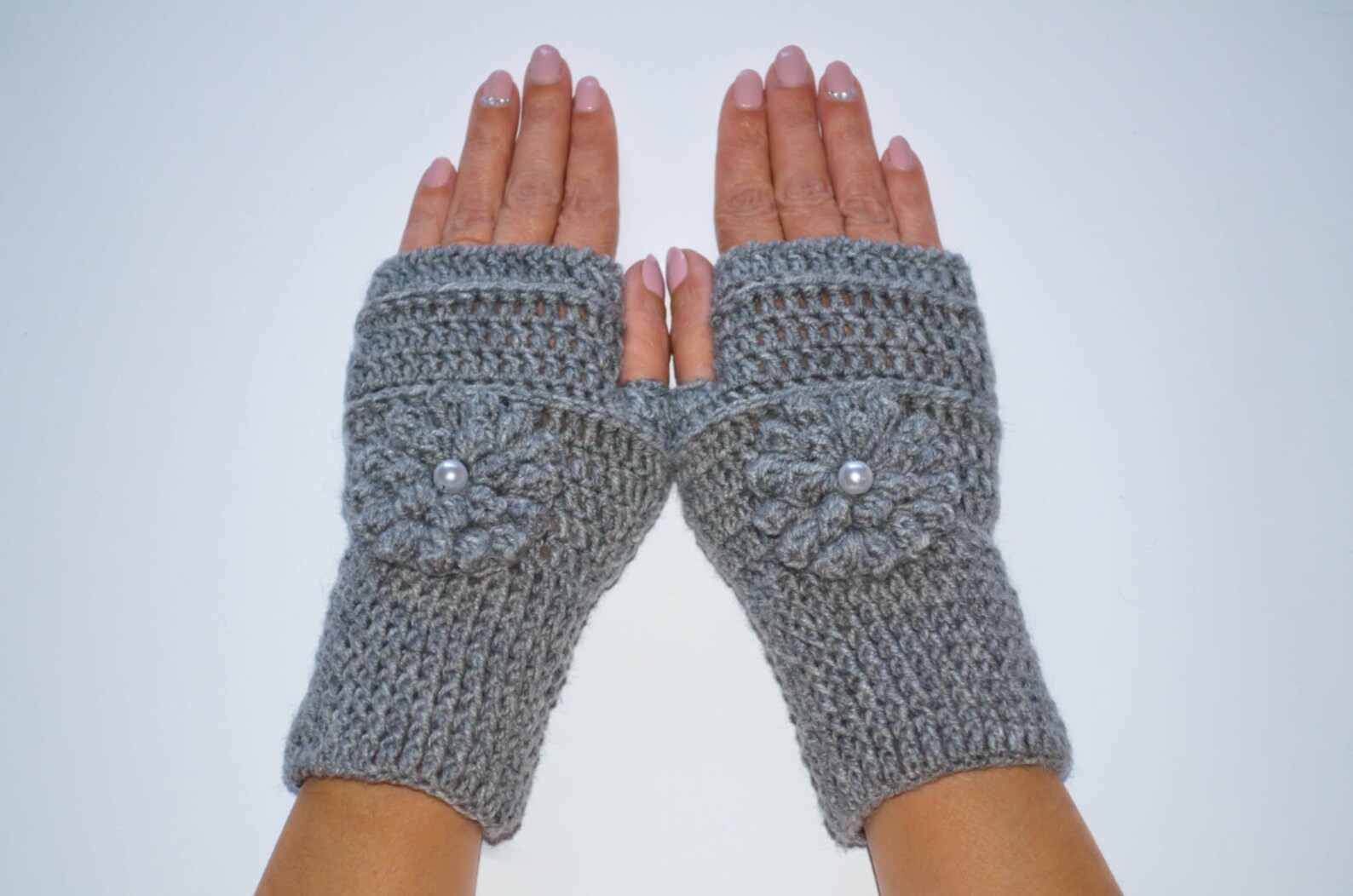 Grey Fingerless Gloves Fingerless Mitts Flower Gloves - Etsy