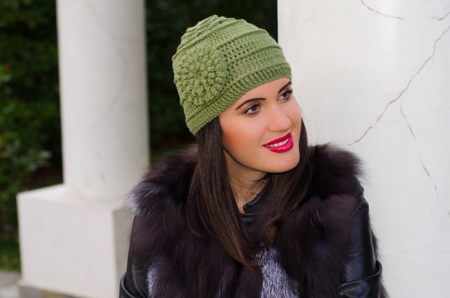 Green Crochet Flower Hat, Knit Hat With Flower, Flower Beanie, Wool ...