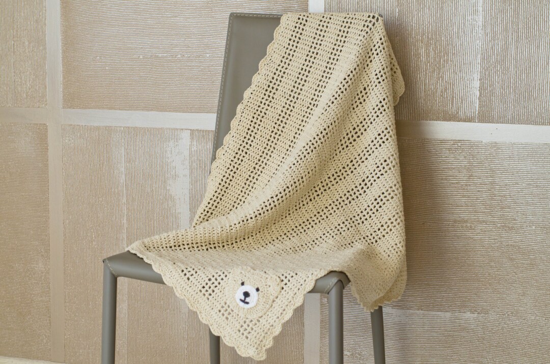 Beige Crochet Baby Blanket, Knit Baby Blanket, Bear Baby Blanket, Baby ...