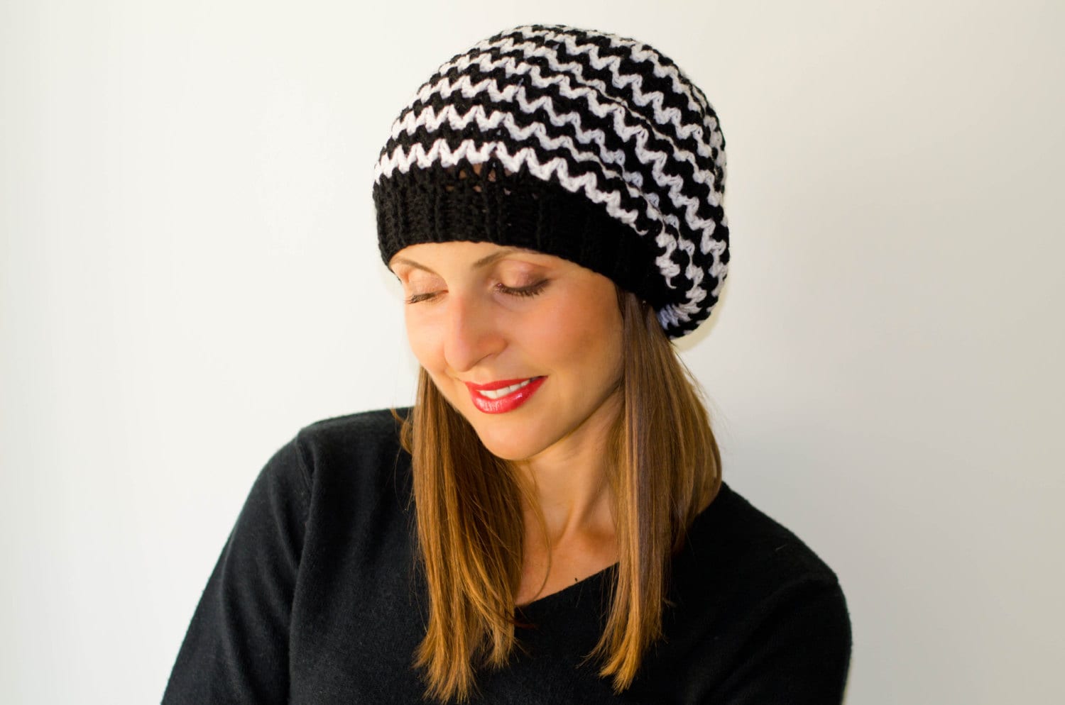 Black and White Striped Hat, Slouchy Beanie Hat, Womens Beanies, Womens ...