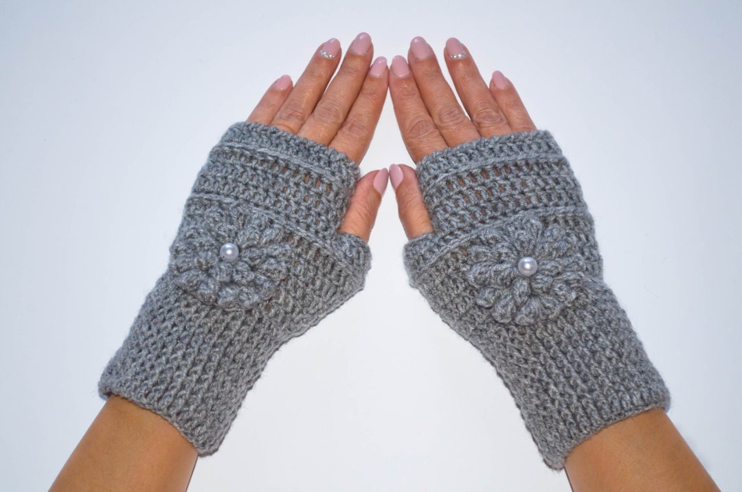 Grey Fingerless Gloves, Fingerless Mitts, Flower Gloves, Crochet ...