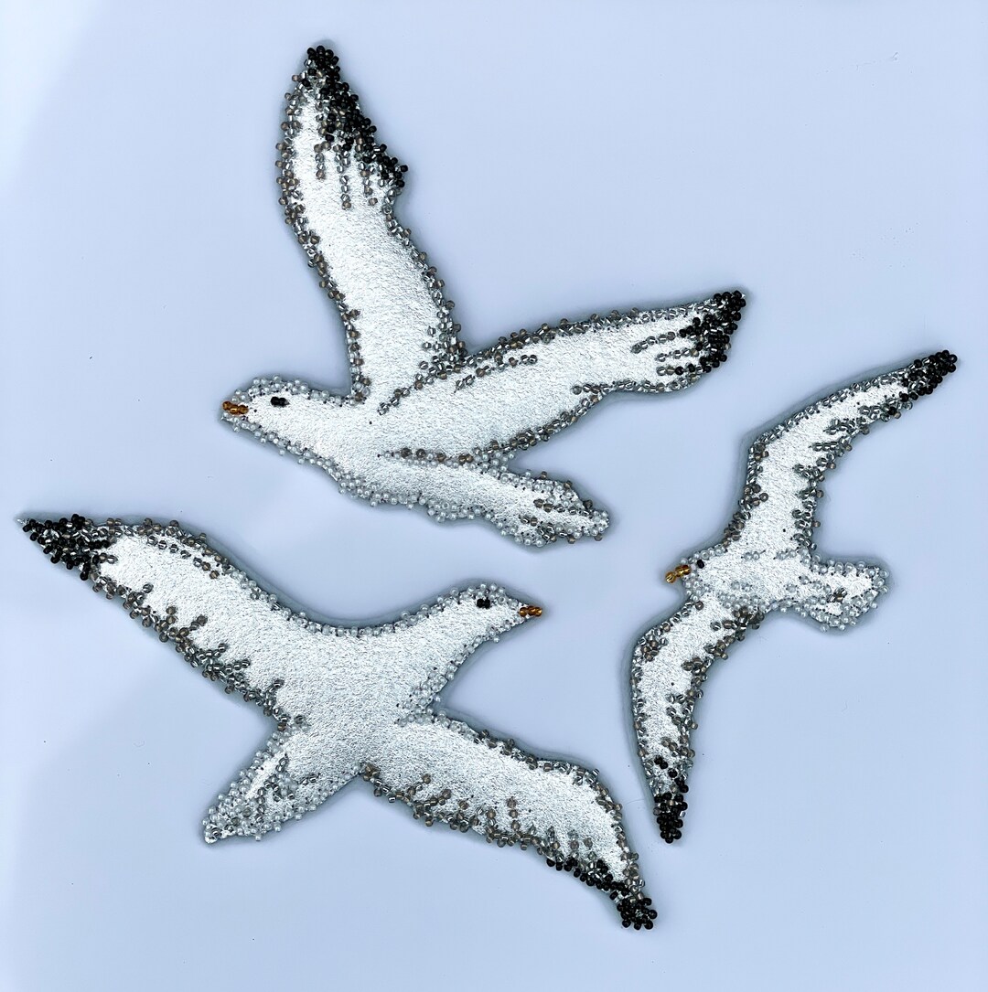 Embroidered Textile Patch | Silver Fabric Beaded Seagull | Custom ...