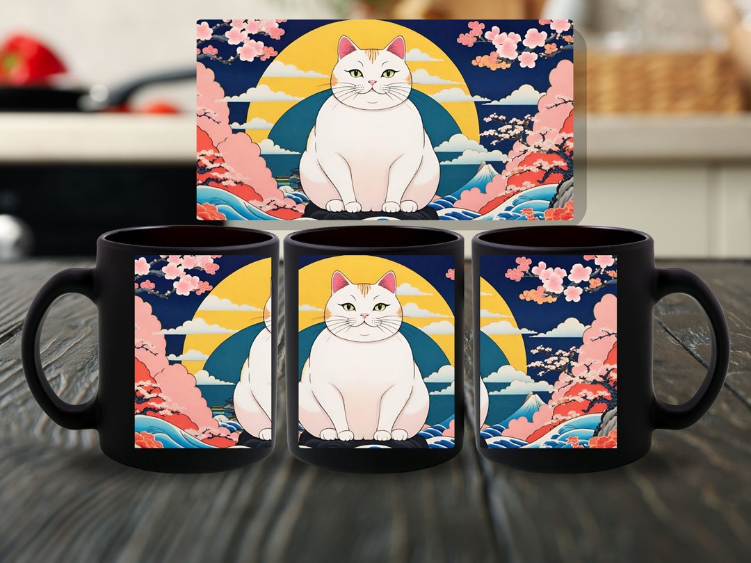Ukiyo-e Funny Cat Mug - Japandi Art Cat Mug - Ukiyoe Cat Black Mug ...