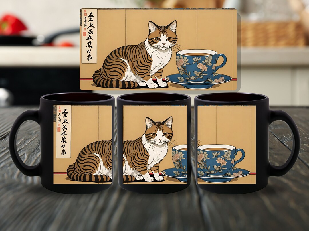 Ukiyo-e Orange Cat Mug - Japandi Art Cat Mug - Ukiyoe Black Mug ...