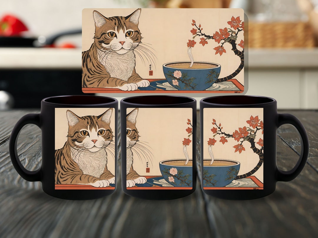 Ukiyo-e Orange Cat Mug - Japandi Art Cat Mug - Ukiyoe Black Mug ...