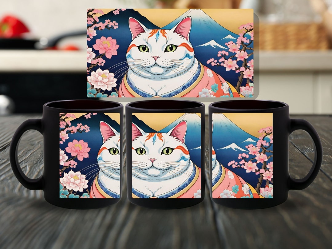Ukiyo-e Funny Cat Mug - Japandi Art Cat Mug - Ukiyoe Cat Black Mug ...