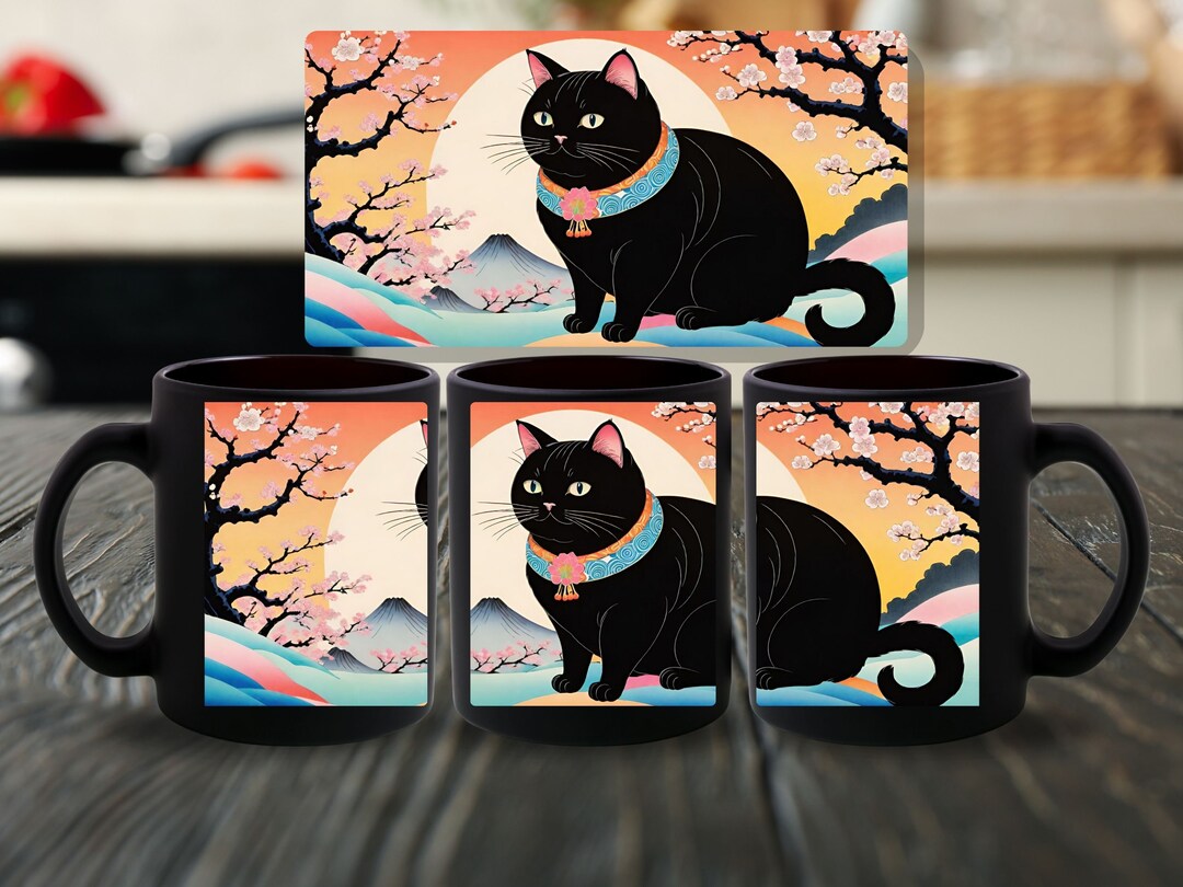 Ukiyo-e Black Cat Mug - Japandi Art Cat Mug - Ukiyoe Cat Black Mug ...