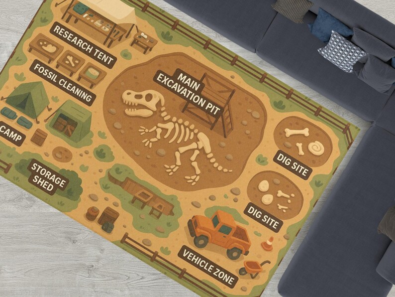 Dinosaur Dig Site Play Mat - Top-down Fossil Excavation Map Rug for ...