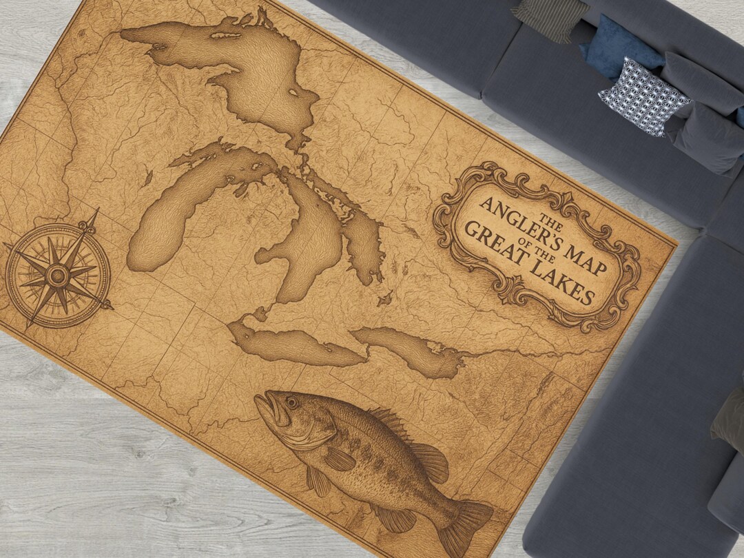 The Anglers Map Great Lakes - Vintage Map Area Rug - Rustic Fishing ...