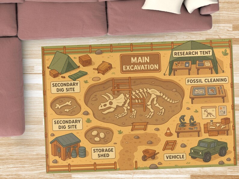 Dinosaur Dig Site Play Mat - Top-down Fossil Excavation Map Rug for ...