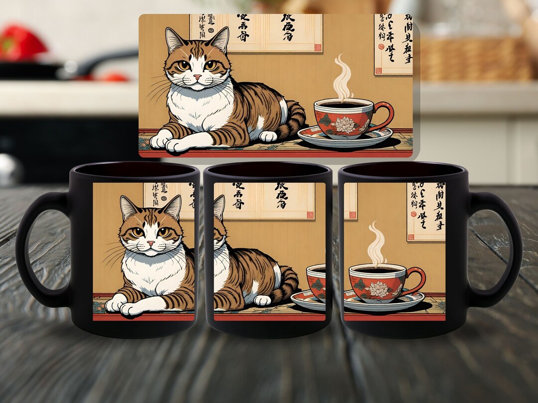 Ukiyo-e Orange Cat Mug - Japandi Art Cat Mug - Ukiyoe Black Mug ...