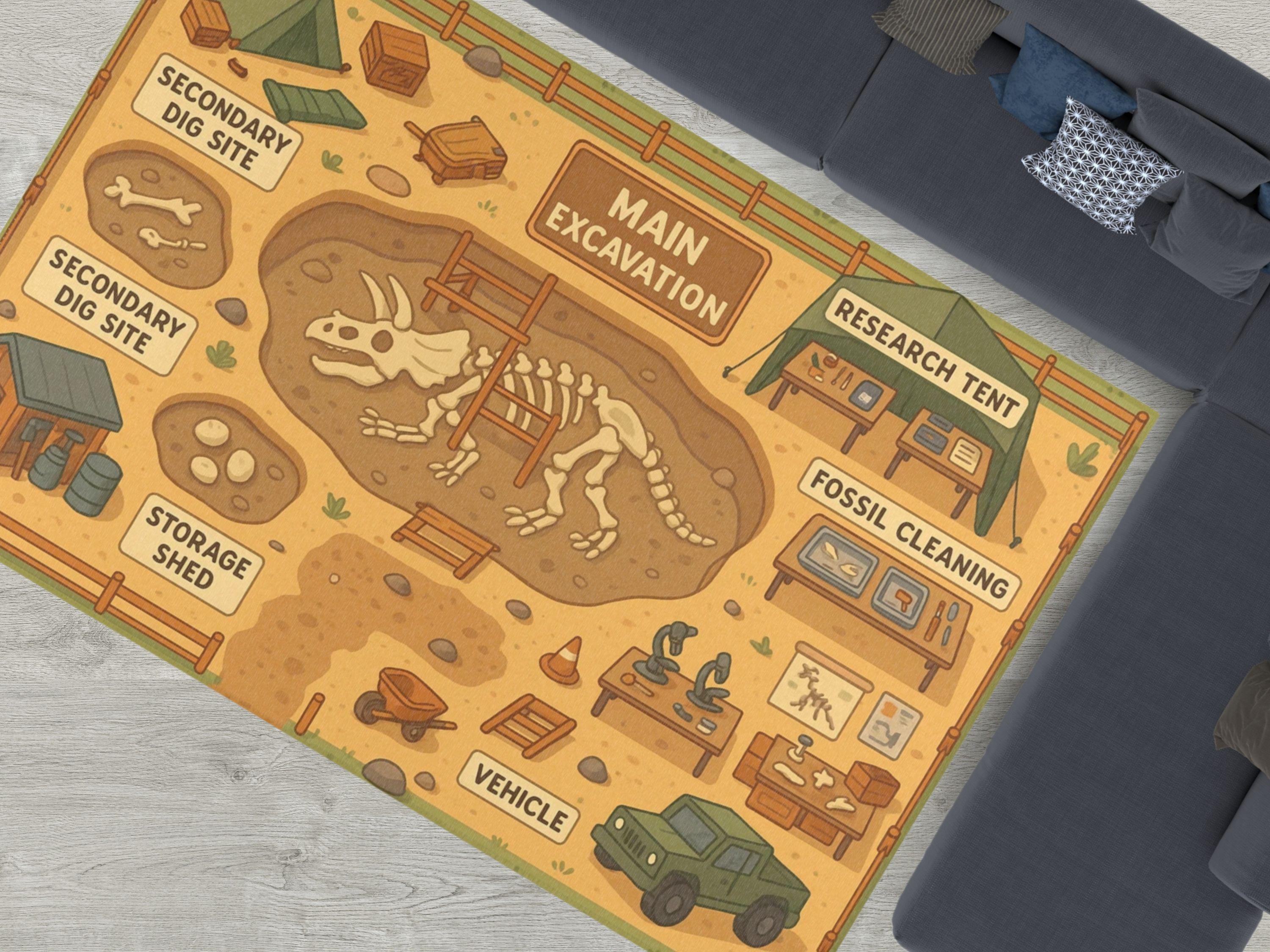Dinosaur Dig Site Play Mat - Top-down Fossil Excavation Map Rug for ...