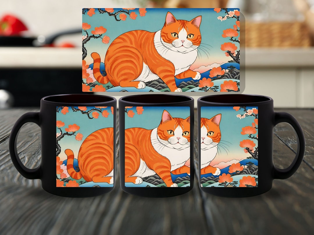 Ukiyo-e Funny Cat Mug - Japandi Art Cat Mug - Ukiyoe Cat Black Mug ...