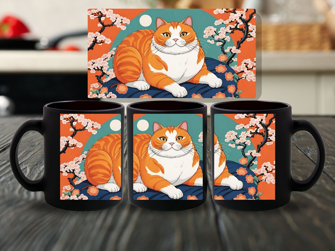 Ukiyo-e Funny Cat Mug - Japandi Art Cat Mug - Ukiyoe Cat Black Mug ...