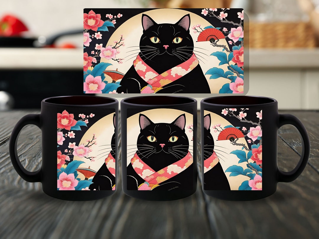 Ukiyo-e Black Cat Mug - Japandi Art Cat Mug - Ukiyoe Cat Black Mug ...