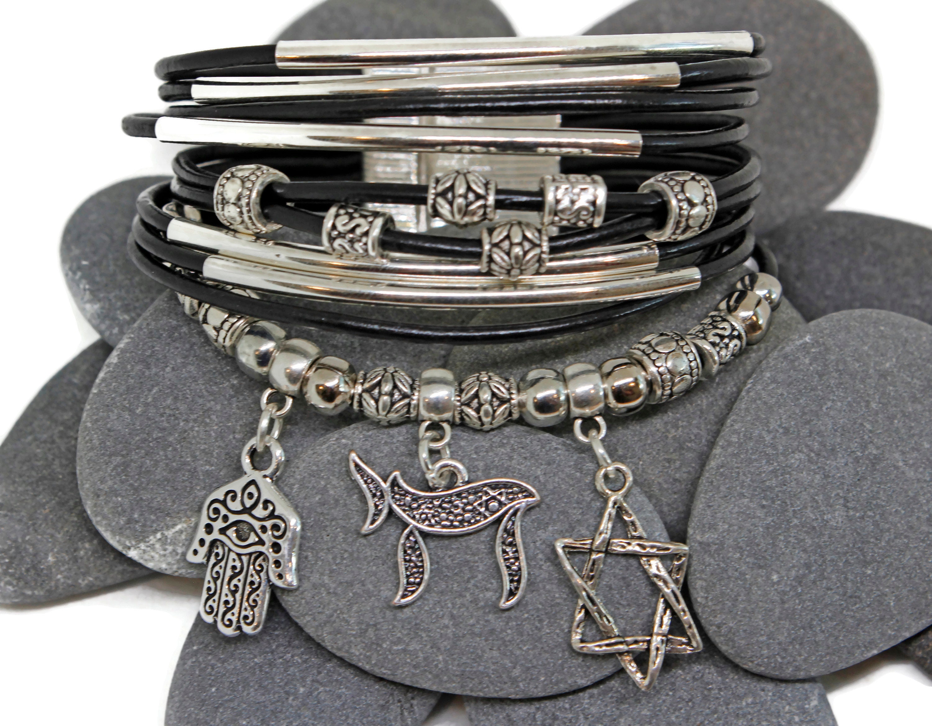 Judaic Leather Stack Bracelet Choose Charms & Color Jewish | Etsy