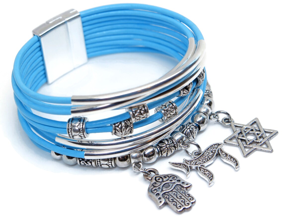 Judaic Leather Stack Bracelet Choose Charms & Color Jewish - Etsy