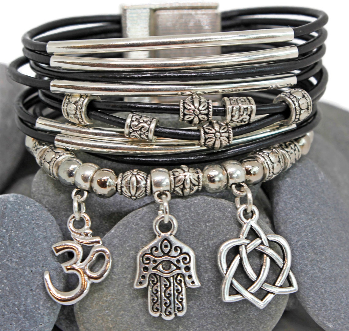 Judaic Leather Stack Bracelet Choose Charms & Color Jewish | Etsy