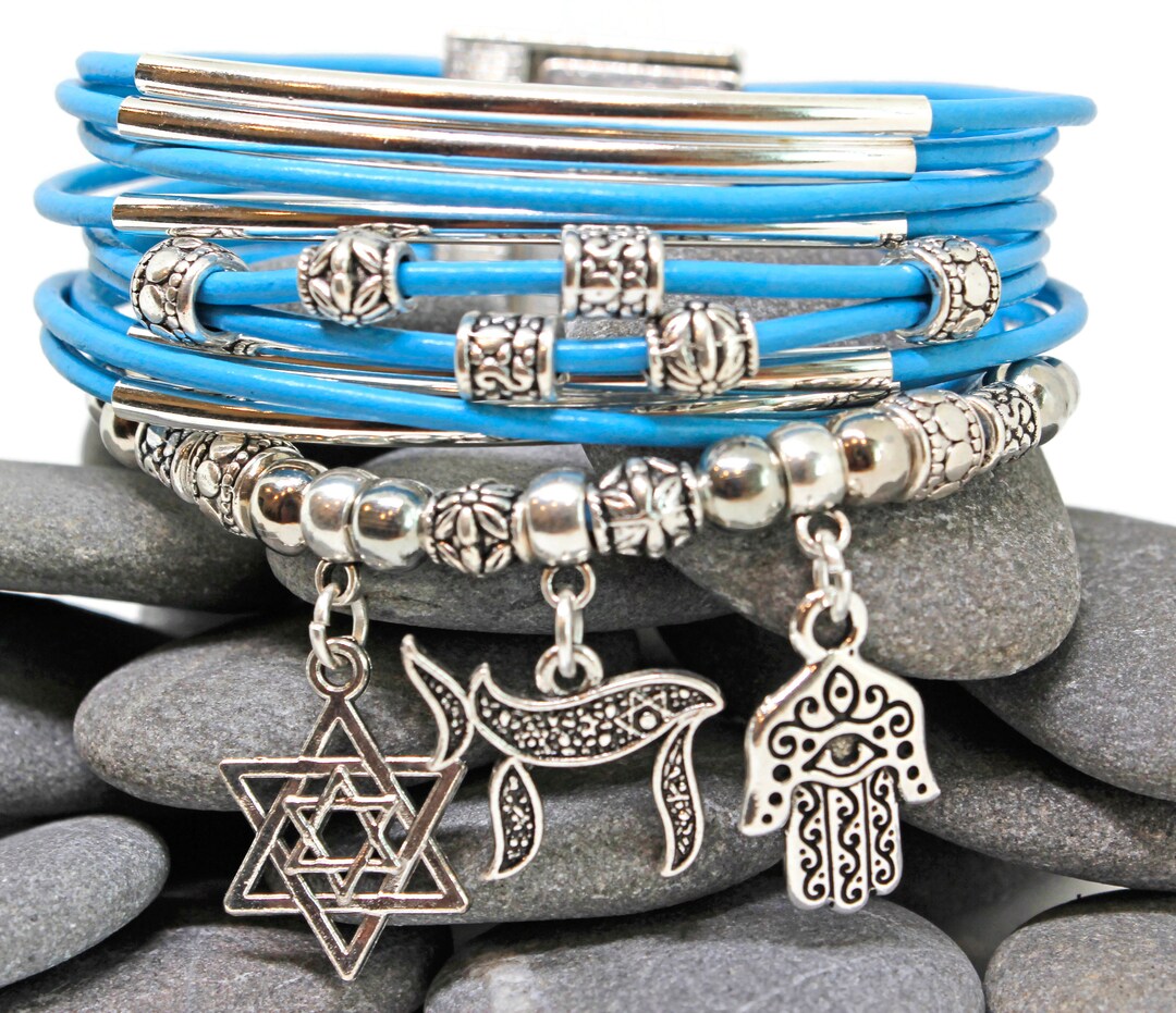 Judaic Leather Stack Bracelet - Choose Charms & Color | Jewish Stack ...