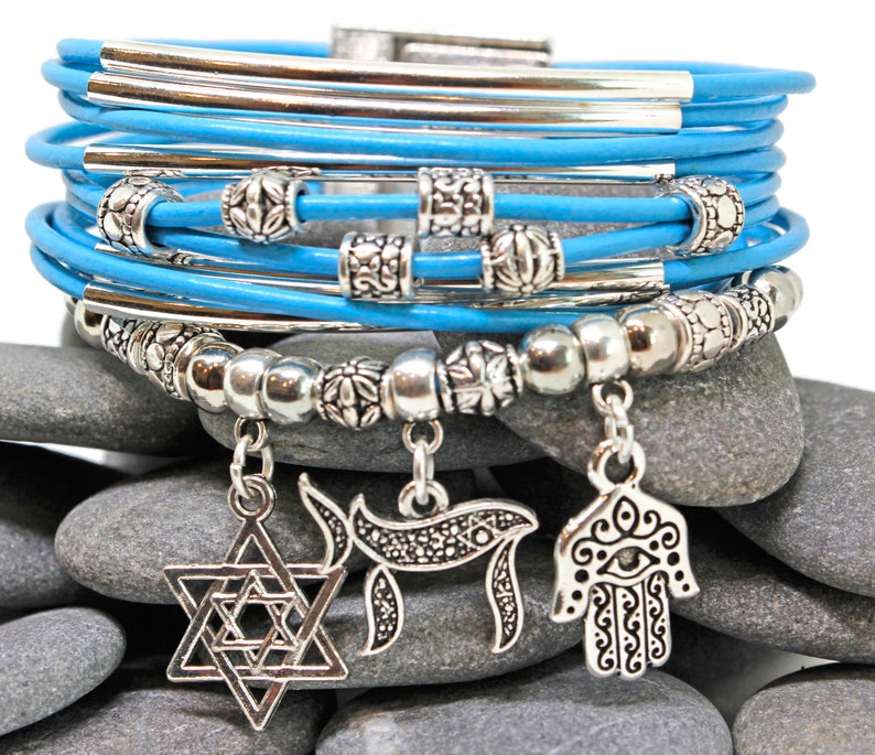 Judaic Leather Stack Bracelet Choose Charms & Color Jewish - Etsy