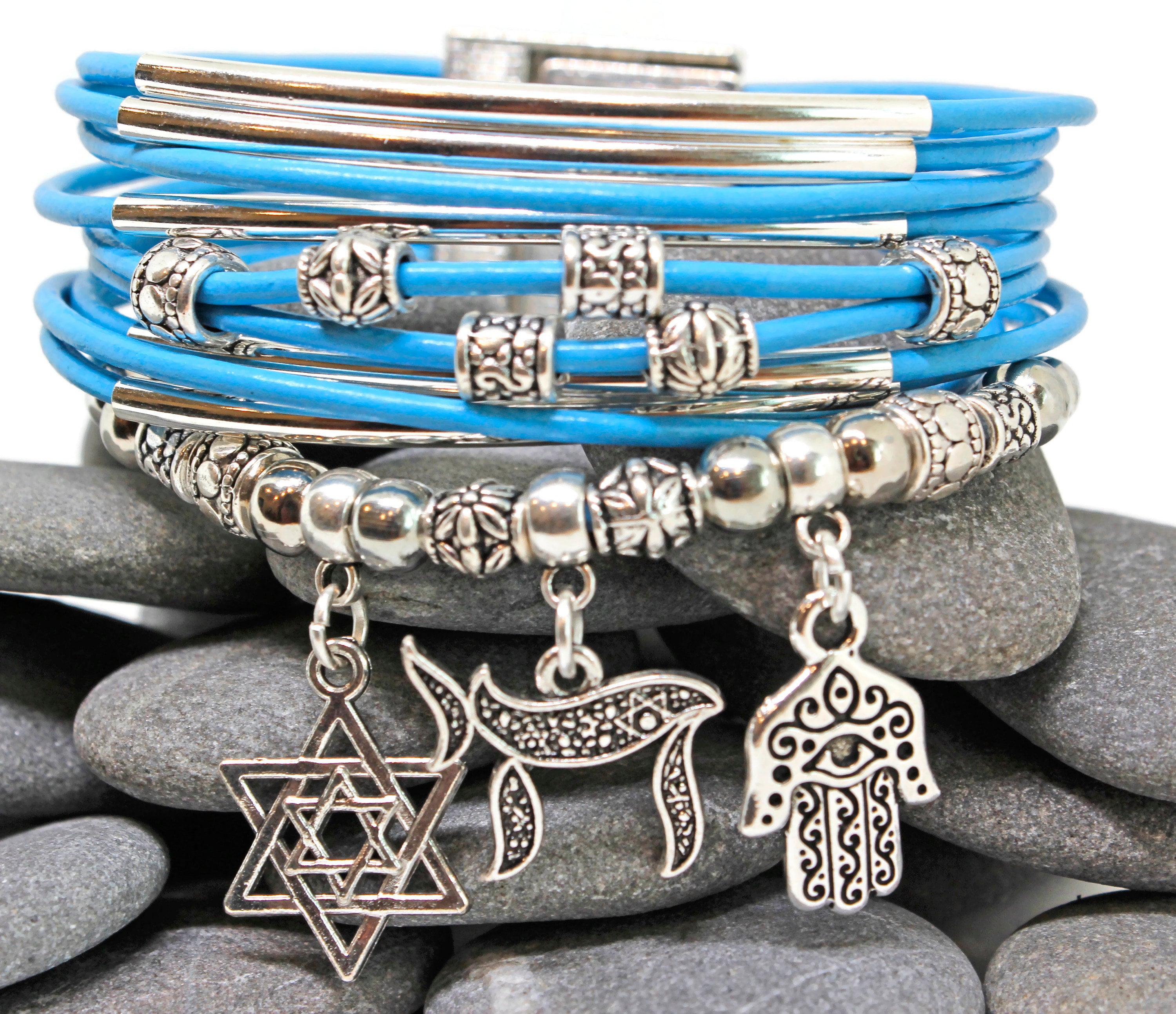 Judaic Leather Stack Bracelet Choose Charms & Color Jewish - Etsy