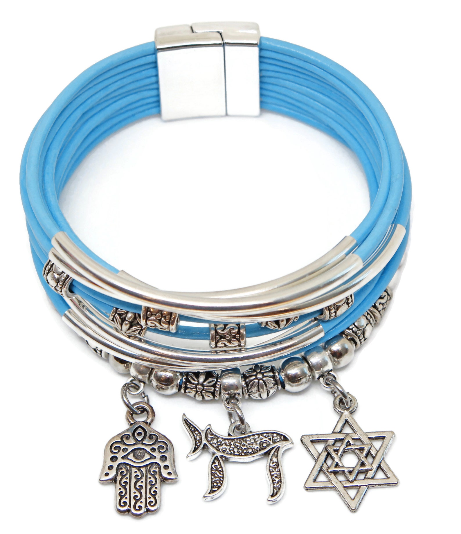 Judaic Leather Stack Bracelet Choose Charms & Color Jewish - Etsy