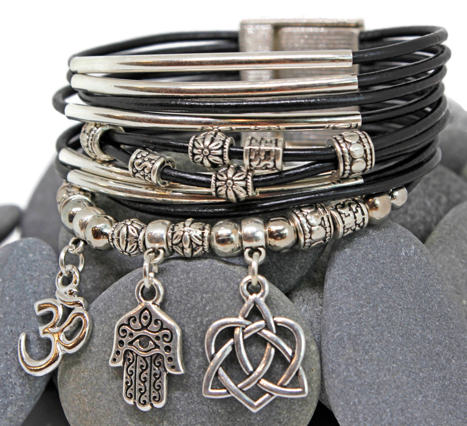 Judaic Leather Stack Bracelet Choose Charms & Color Jewish - Etsy
