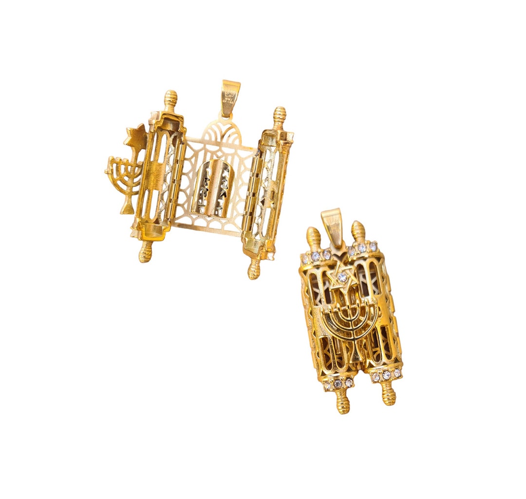 Opening Torah Necklace Pendant Gold Filled With White Zircons Menorah ...