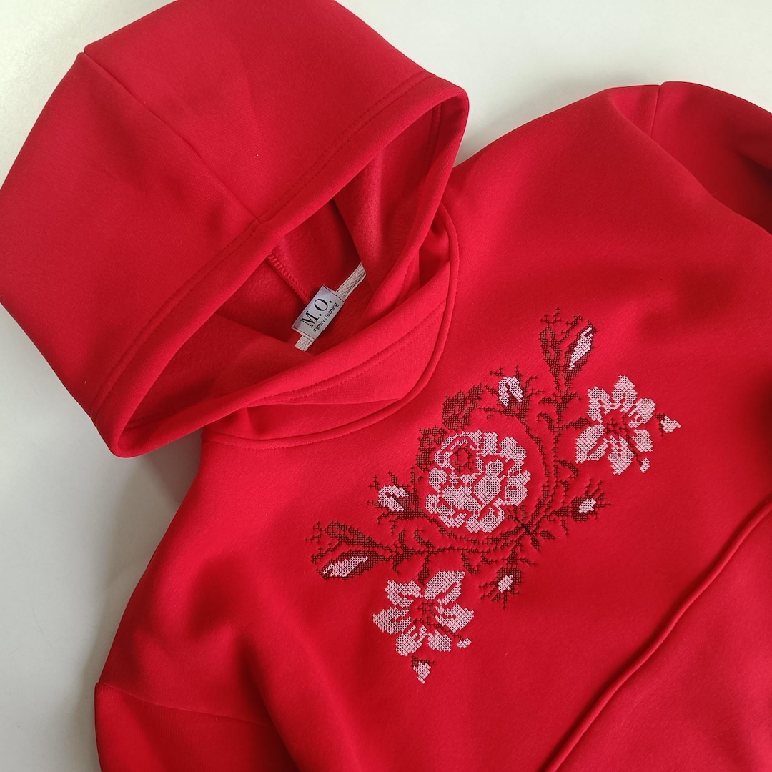 Embroidered Red Rose Hoodie, Ukraine Roses Vyshyvanka Sweatshirt ...