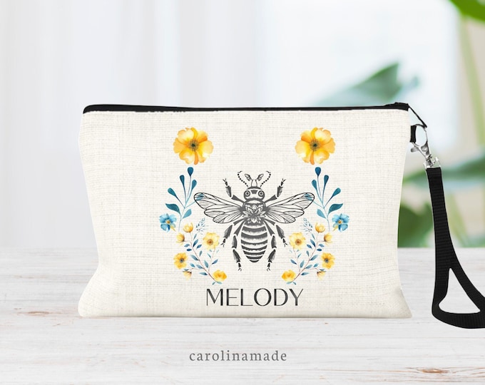 Monogrammed Queen Bee Pink Makeup Bag, Personalized Floral Cosmetic Bag ...