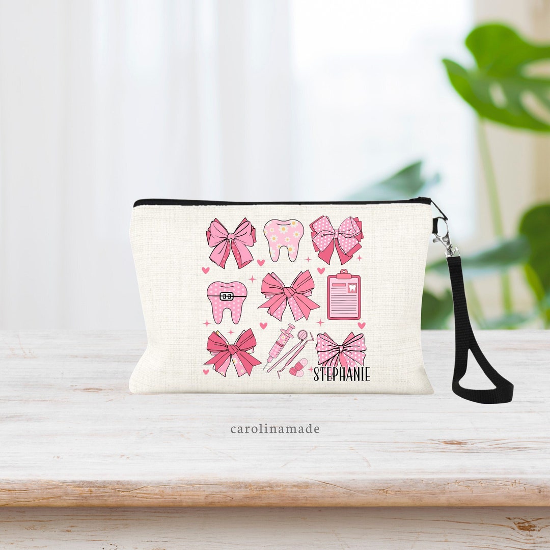 Pink Bow Dental Bag, Personalized Coquette Dentist Zipper Pouch, Preppy ...