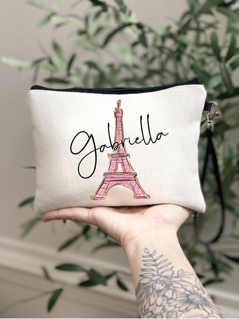 Paris Trip Makeup Bag, Personalized Pink Paris Tower Wristlet, Custom ...