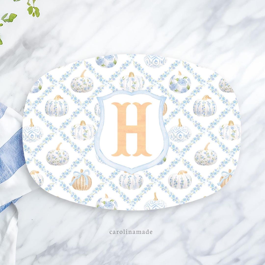 Blue Pumpkin Crest Initial Platter, Personalized Grandmillennial ...