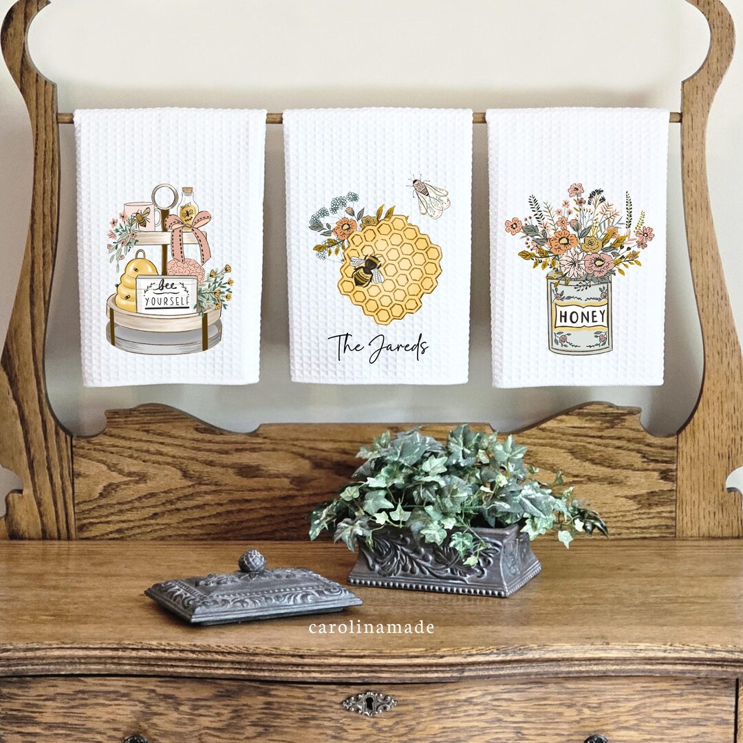 Honey Bee Kitchen Tea Towel, Personalized Spring Wildflowers Dish Towel ...