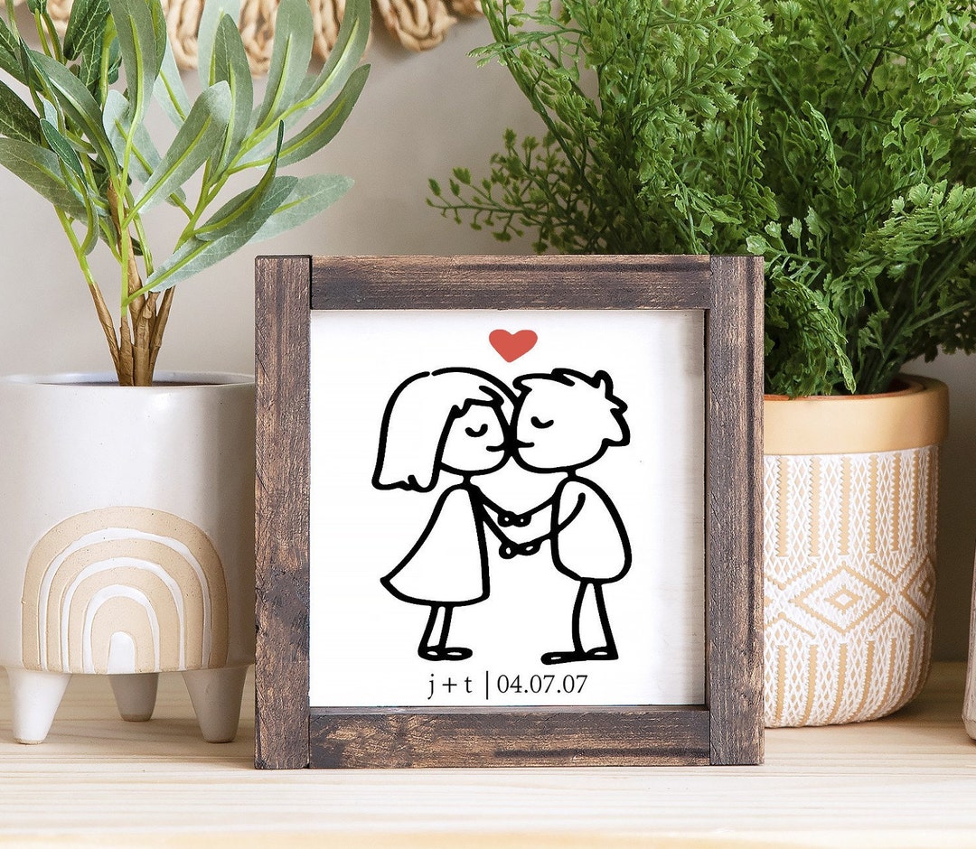 Couple Stick Figure Kissing Sign, Mini Personalized Intial & Date ...