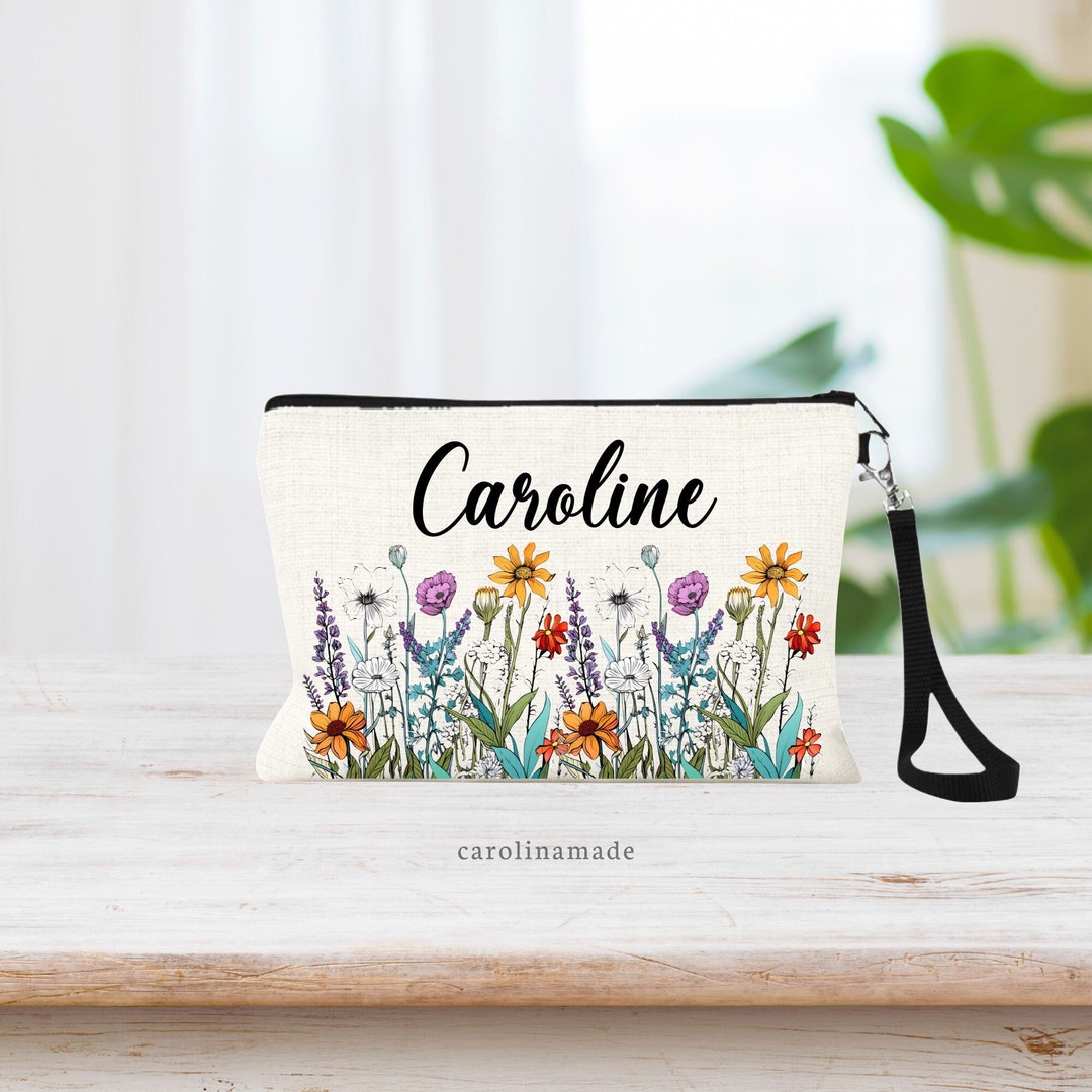 Personalized Wildflower Makeup Bag, Custom Name Flower Cosmetic Bag ...