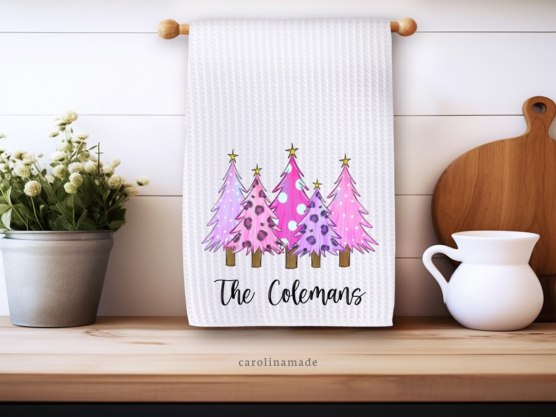 Pink Christmas Trees Hand Towel, Personalized Family Christmas Towel ...