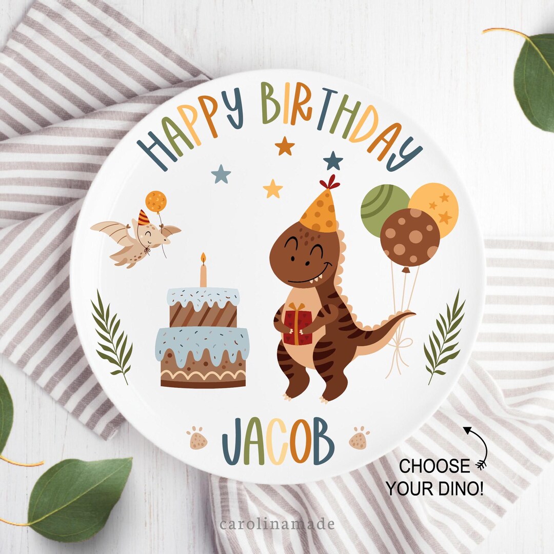 Dinosaur Happy Birthday Name Plate, Personalized Dino Birthday Cake ...
