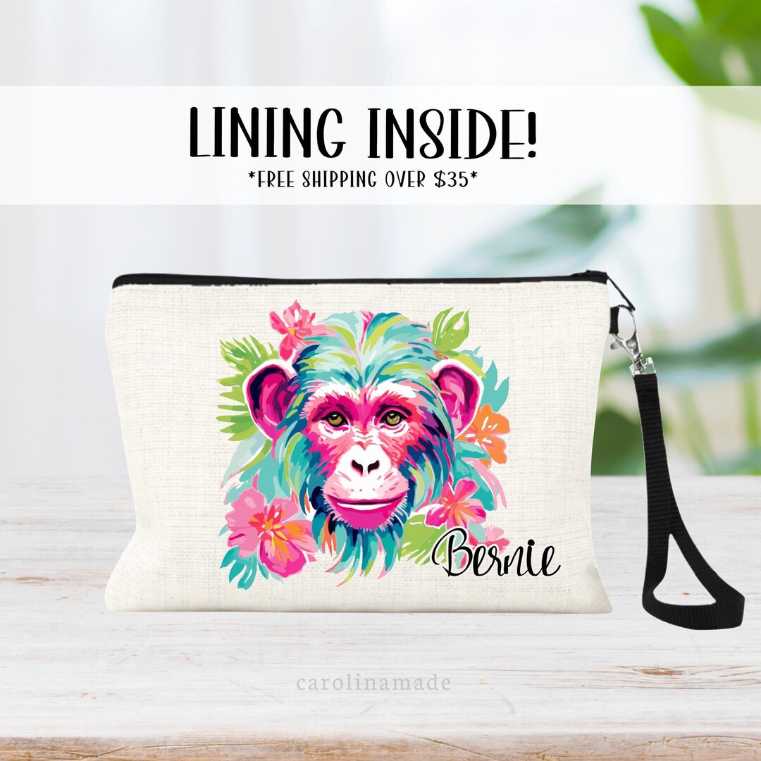 Preppy Ape Makeup Bag, Personalized Floral Ape Zipper Pouch, Pink ...