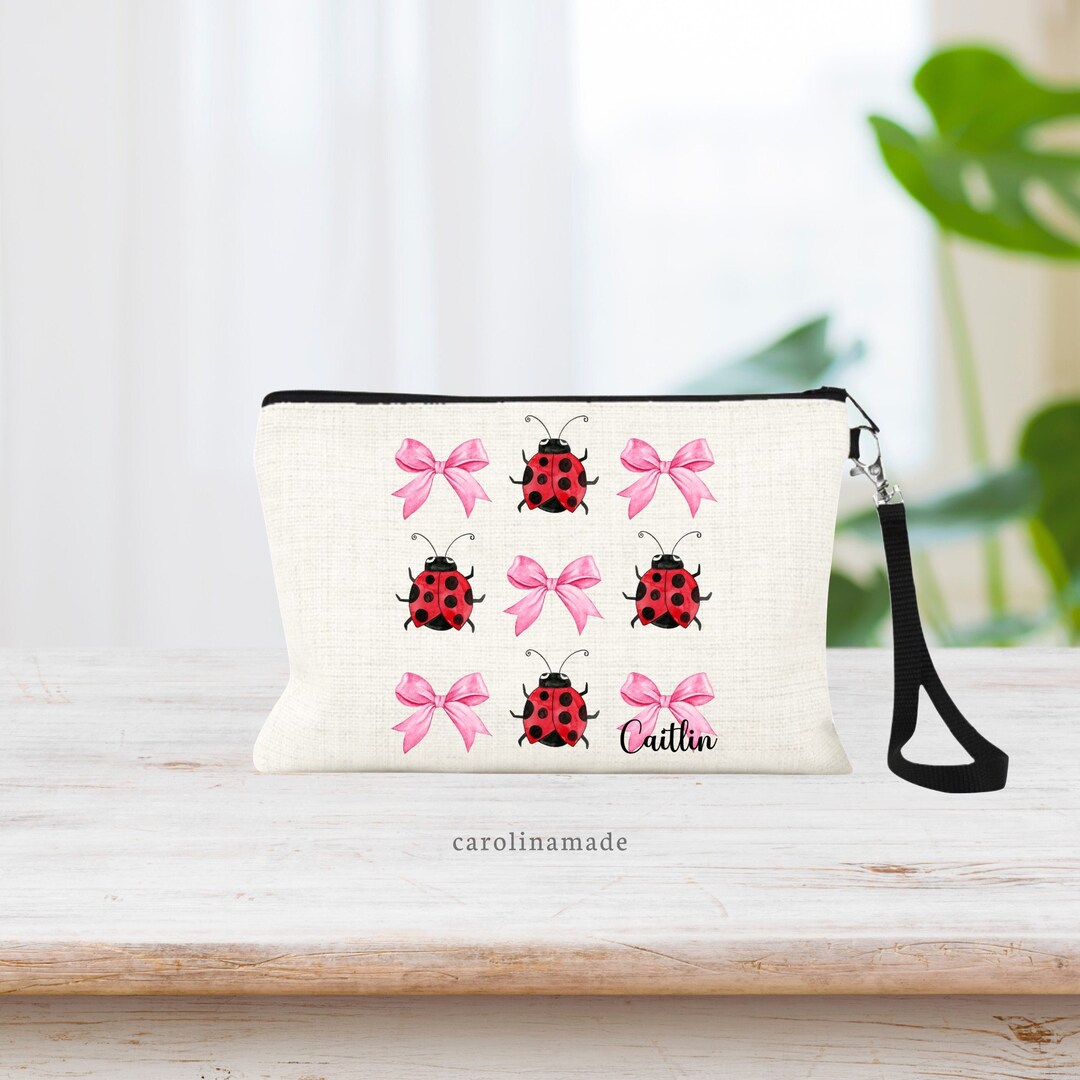 Lady Bug Bag, Personalized Coquette Bow Ladybug Makeup Bag, Preppy ...
